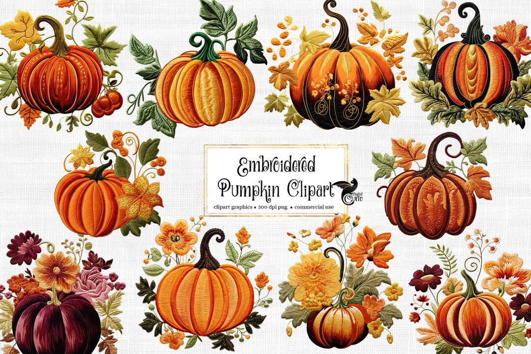 Embroidered Pumpkin Clipart - Autumn Cute Pumpkins and Flowers PNG ...