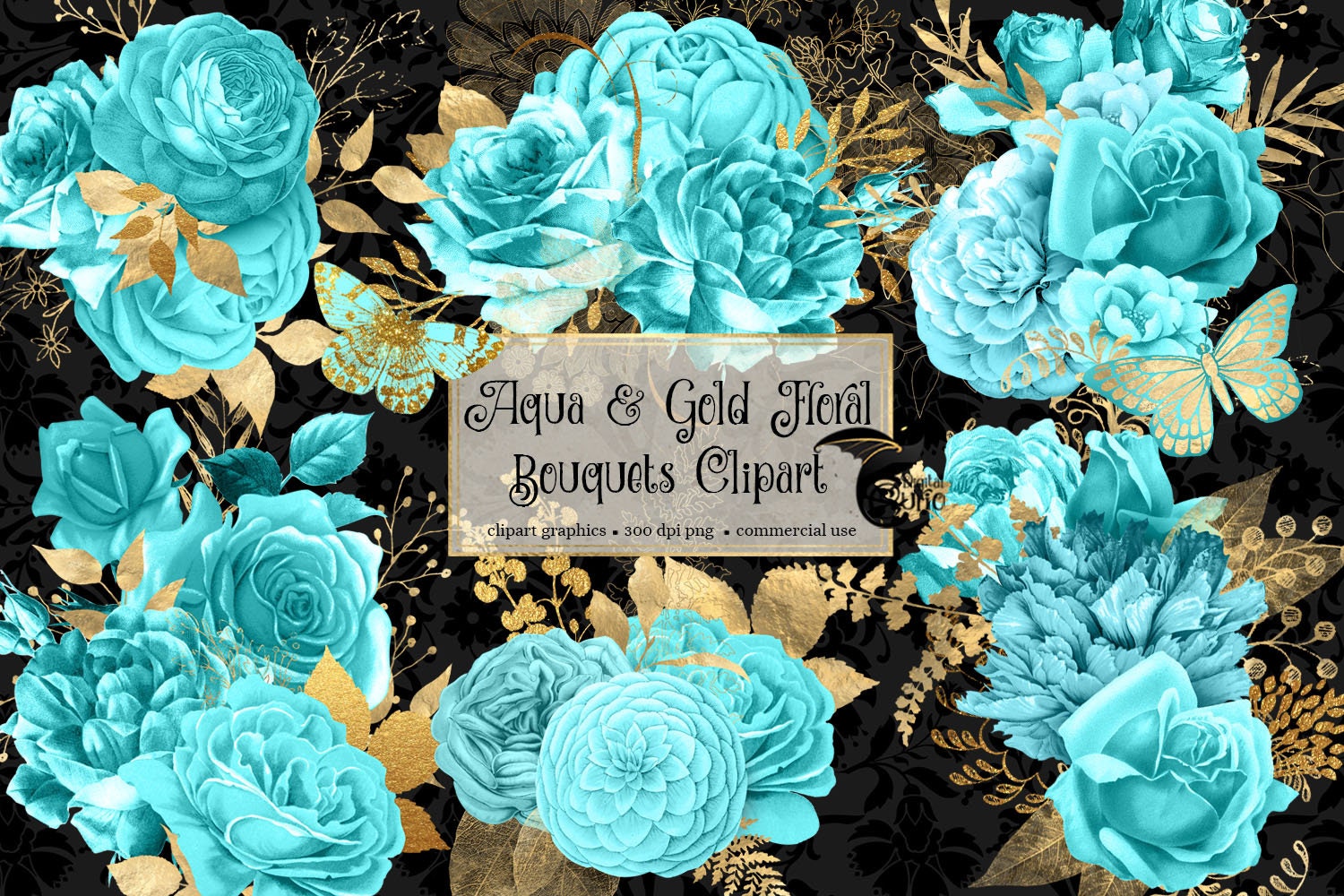 Aqua and Gold Floral Clip Art Digital Instant Download - Etsy