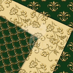 Ornate Green and Gold Digital Paper, Seamless Royal Damask Patterns ...
