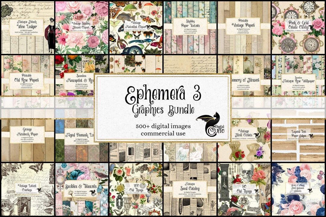 Vintage Ephemera Graphics Bundle, Digital Collage Paper (digital ...