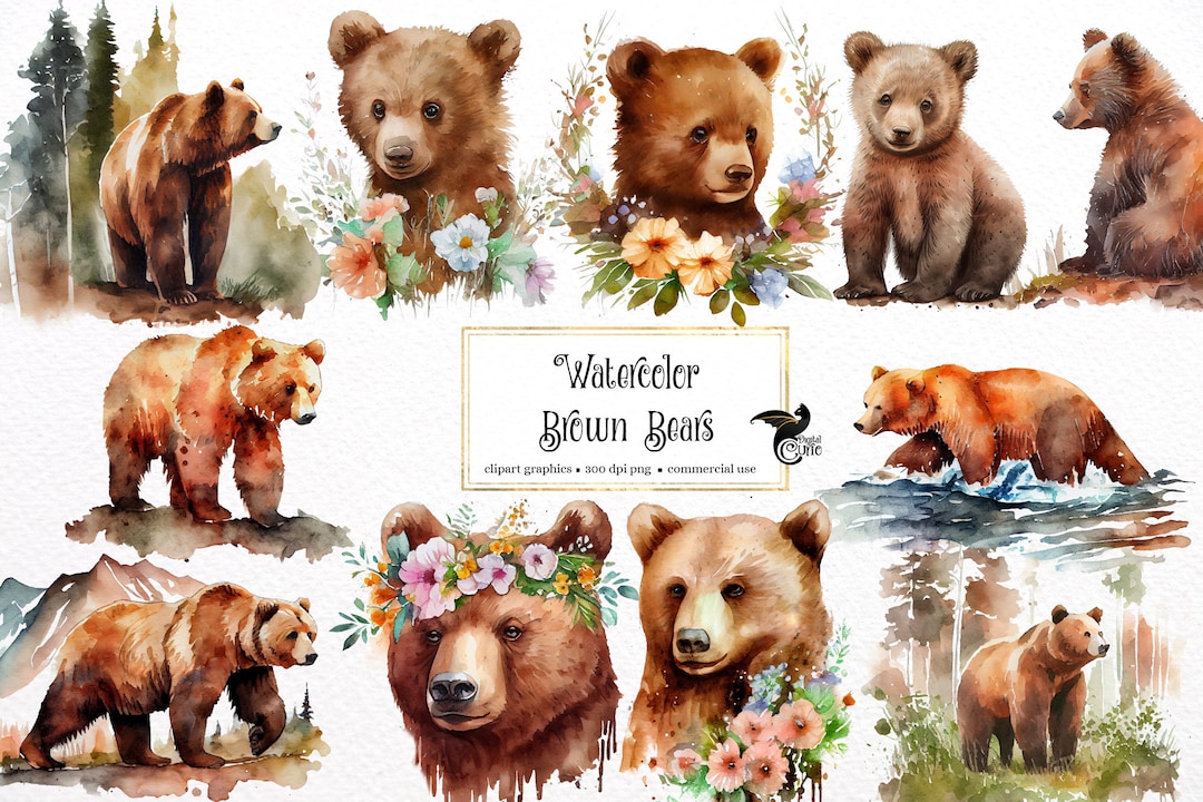Watercolor Brown Bears Clipart - Cute Floral Grizzly Bears, Forest ...