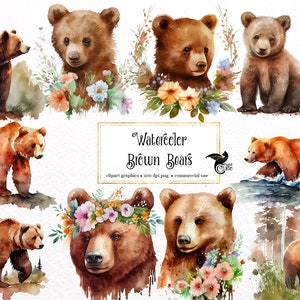 Watercolor Brown Bears Clipart - Cute Floral Grizzly Bears, Forest ...
