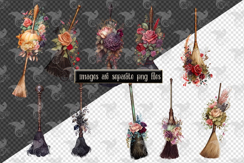 Watercolor Floral Brooms Clipart – Cottagecore Witch PNG (digital ...