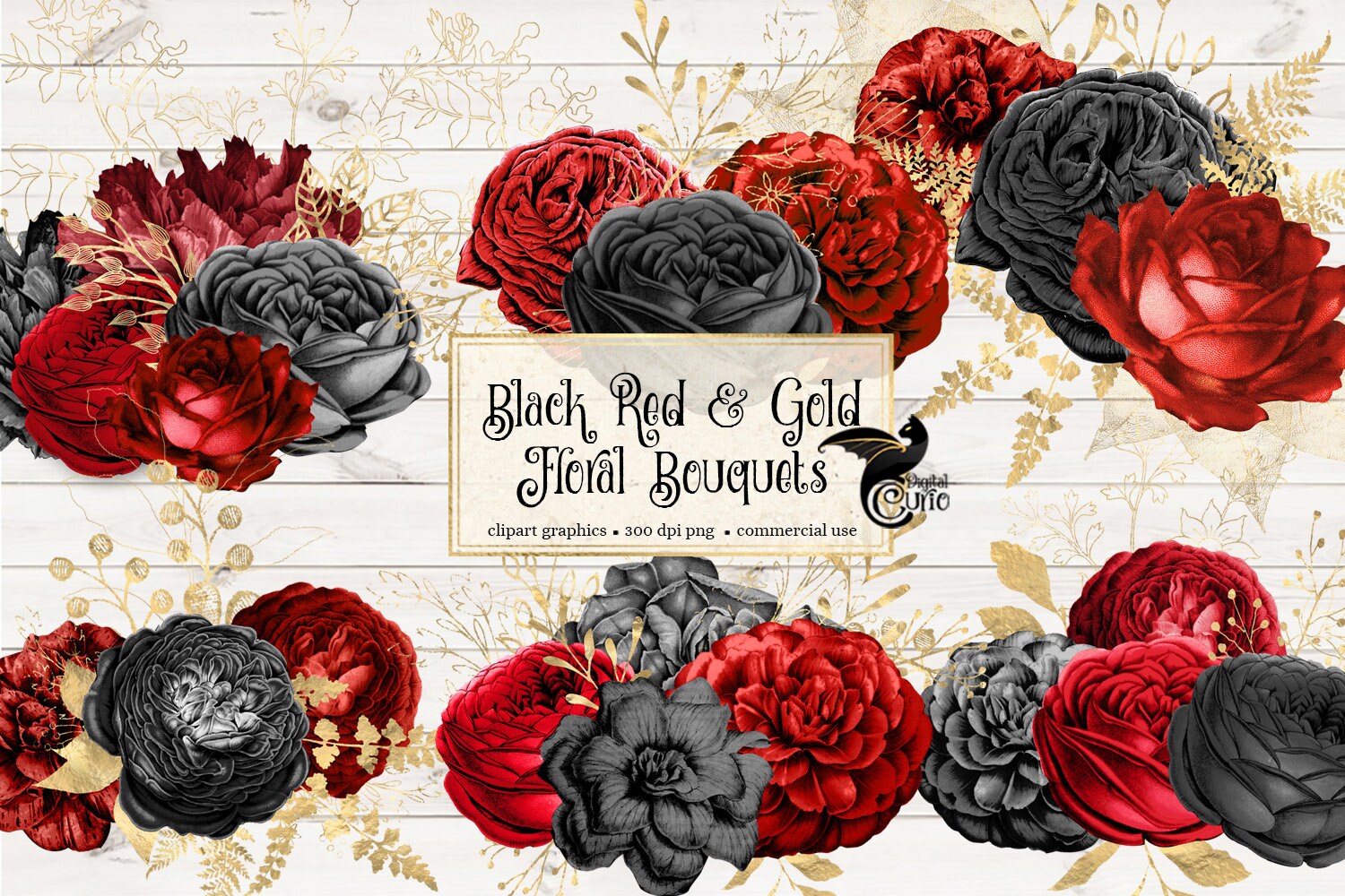 Black Red and Gold Floral Bouquets Clipart Digital Instant - Etsy