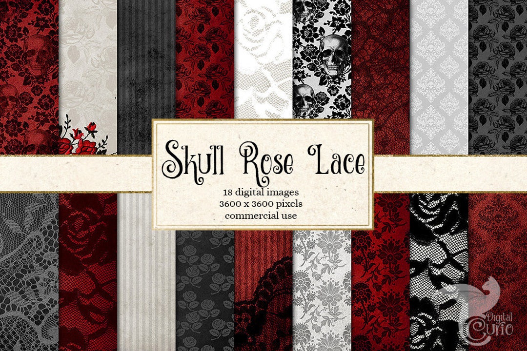 Skull Rose Lace Digital Paper, Halloween Damask Lace, Vintage Gothic ...