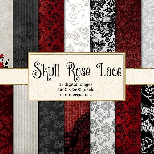 Skull Rose Lace Digital Paper Halloween Damask Lace Vintage - Etsy