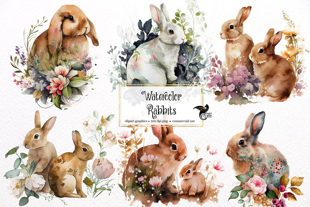 Watercolor Rabbits Clipart - Springtime Cute Bunny Rabbits With ...