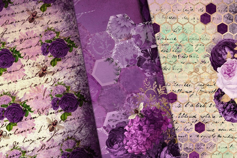 Purple Bee Digital Paper - Vintage Ephemera Scrapbook Backgrounds ...