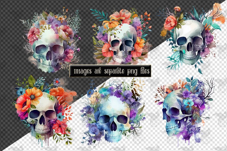 Watercolor Floral Skulls Clipart Flower Skulls Watercolor in - Etsy