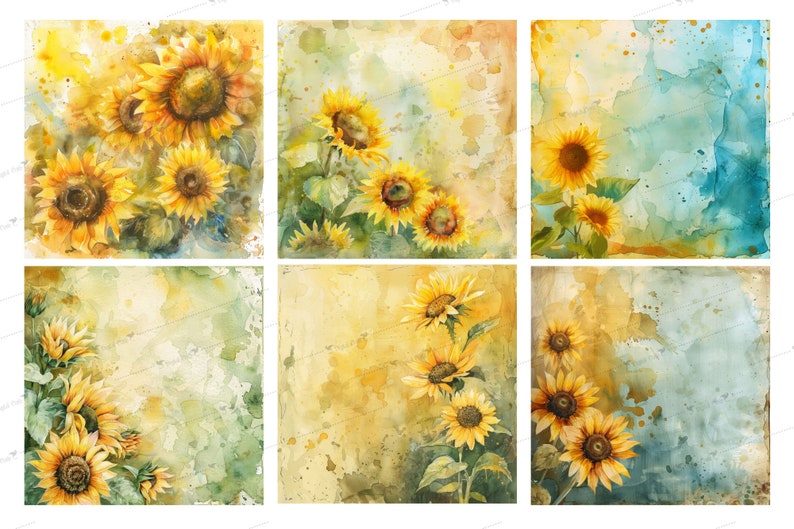 Watercolor Sunflower Backgrounds, Watercolour Wash Digital Paper ...