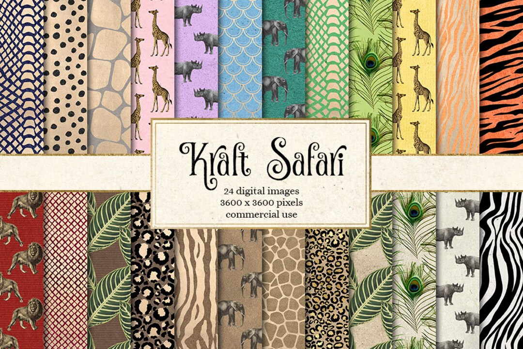 Kraft Safari Digital Paper, Rainbow Paper Textures and African Animal ...
