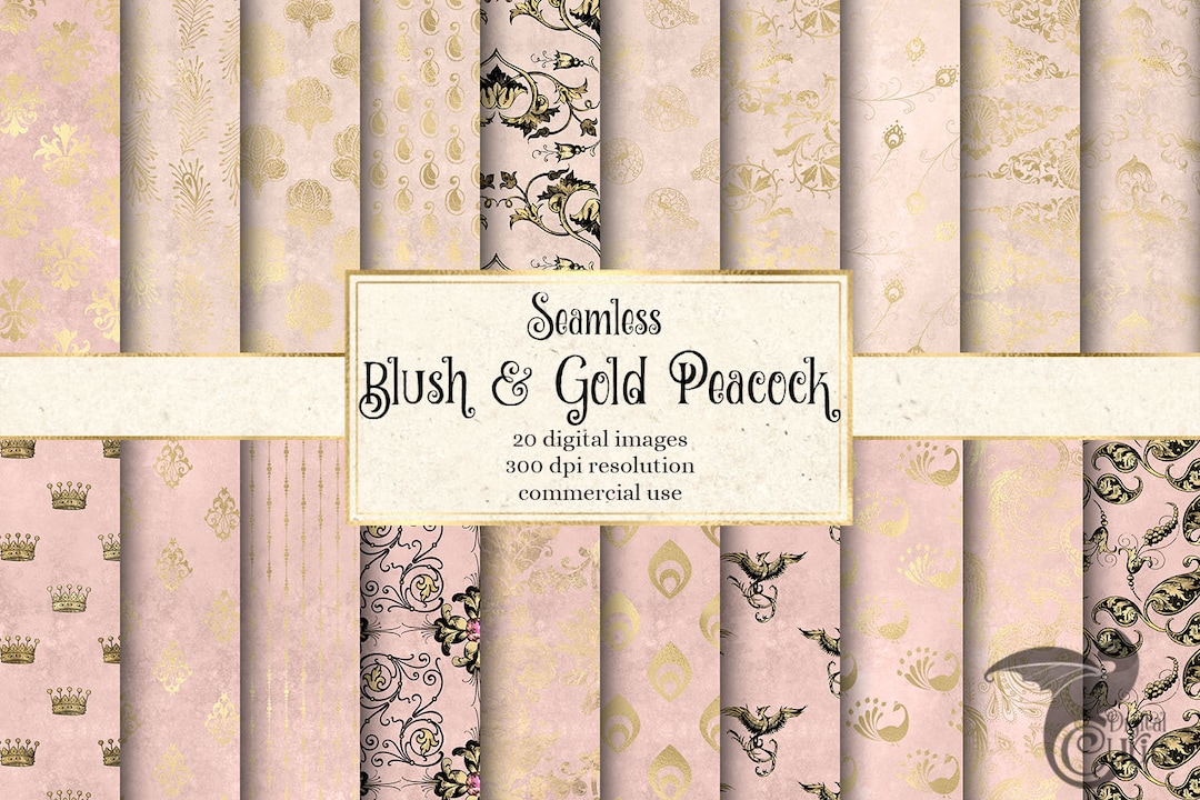Blush and Gold Peacock Digital Paper, Seamless Gold Peacock Patterns ...