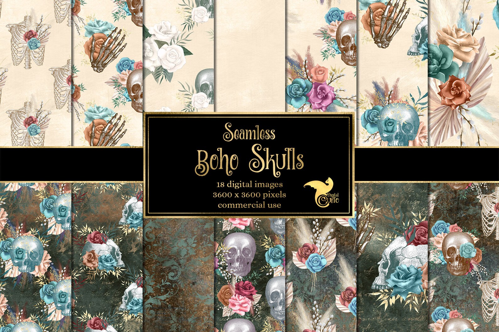 Boho Skulls Digital Paper Seamless Floral Skull Patterns and - Etsy