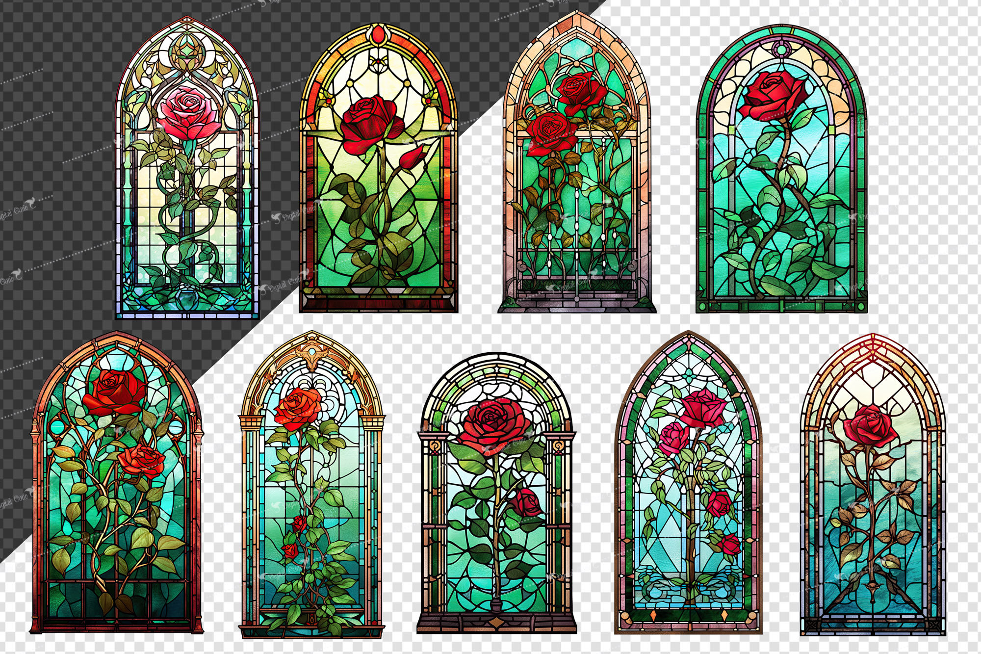 Red Rose Stained Glass Windows Clipart – Fantasy Graphics (digital ...