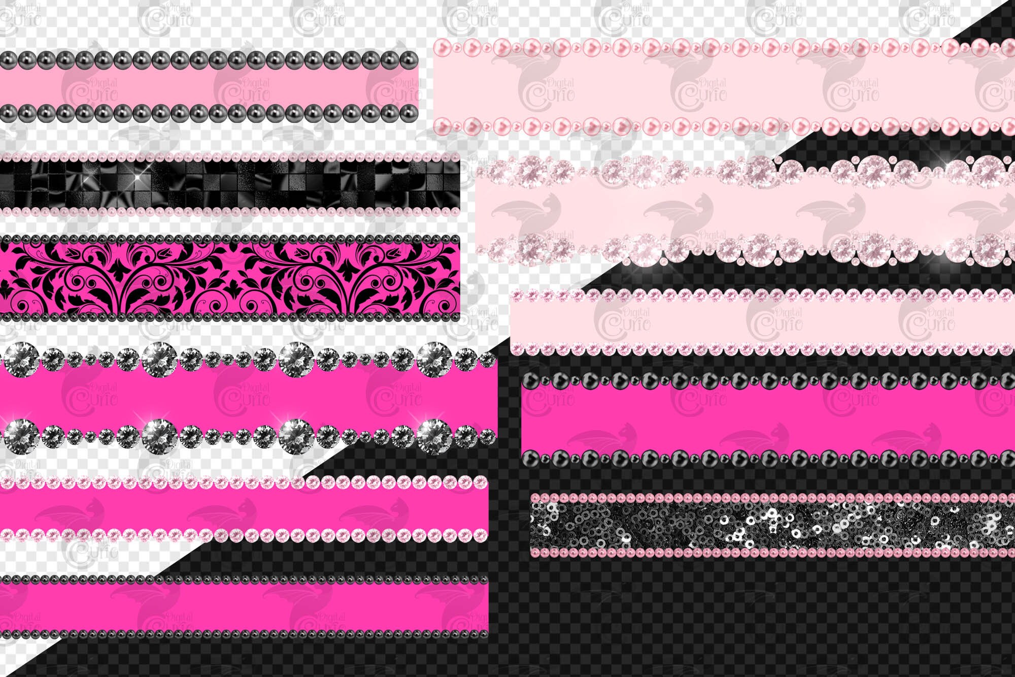 Pink and Black Glam Borders Clipart – Diamond & Pearl (PNG Digital ...