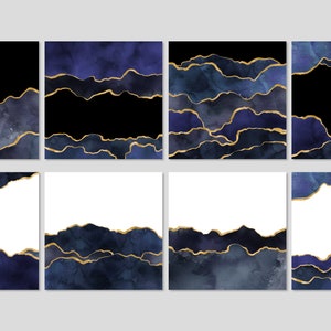 Navy Blue Painted Agate Borders, Digital Watercolor Geode PNG Overlays ...