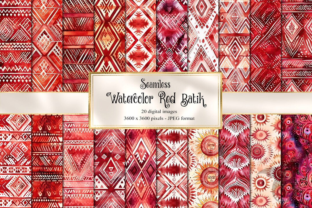 Watercolor Red Batik Digital Paper, Seamless Tribal Printable Scrapbook ...