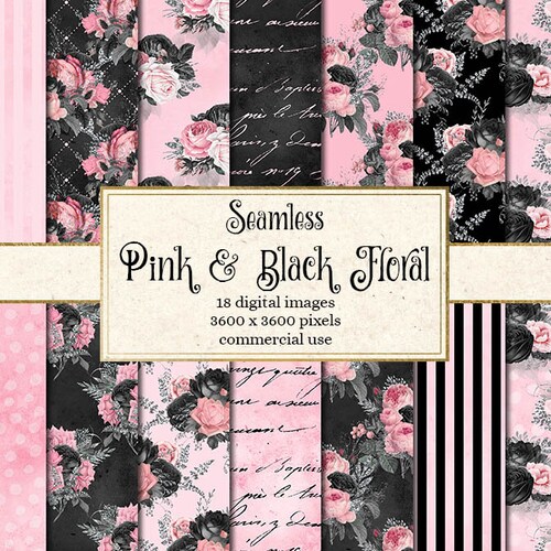 Pink and Black Floral Digital Paper Shabby Black and Pink - Etsy