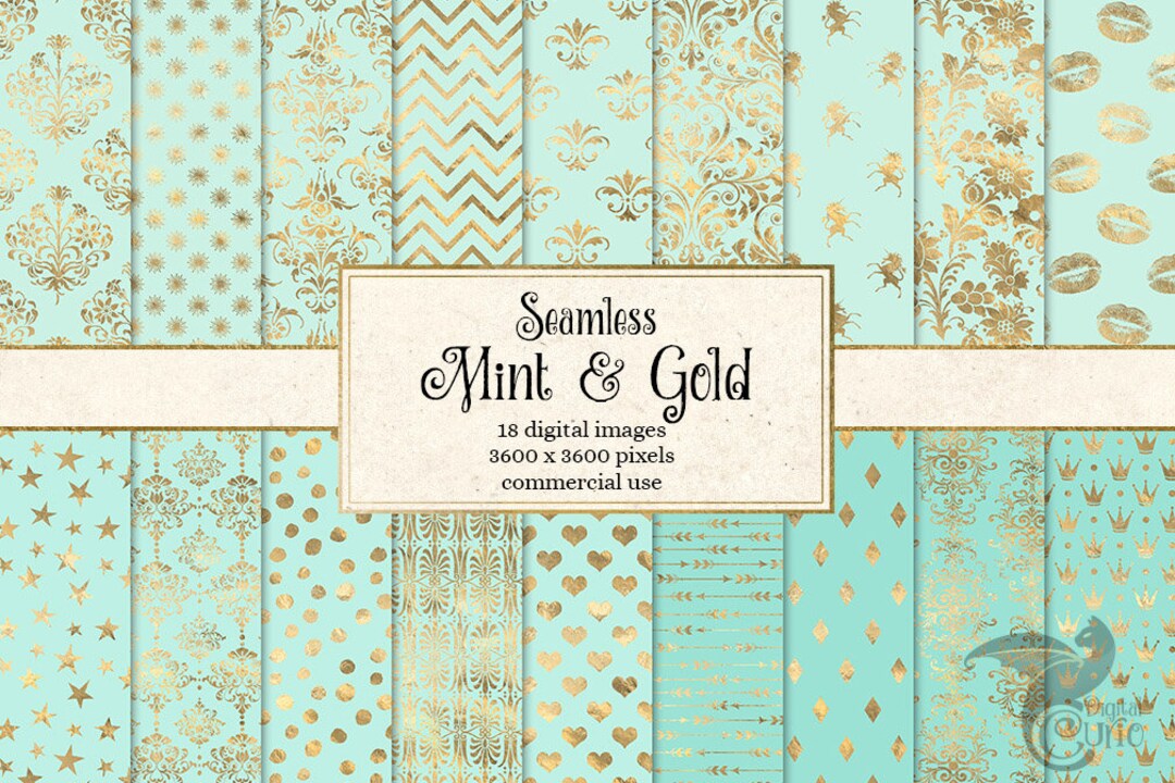 Mint and Gold Digital Paper, Seamless Gold and Mint Patterns, Foil ...