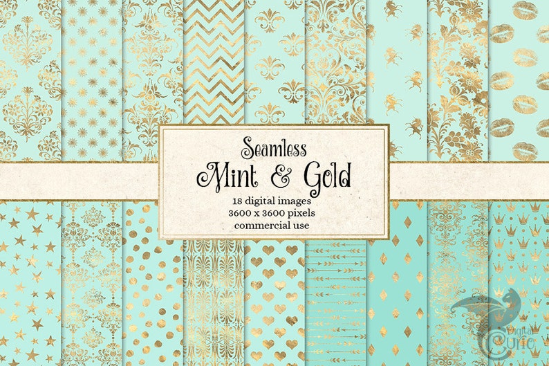 Mint and Gold Digital Paper Seamless Gold and Mint Patterns - Etsy