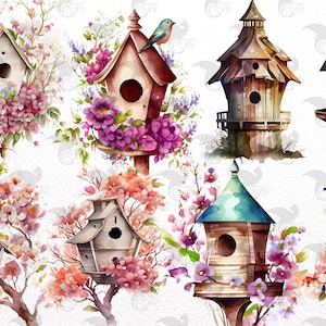 Watercolor Bird Houses Clipart - Springtime Cute Birdhouses and ...
