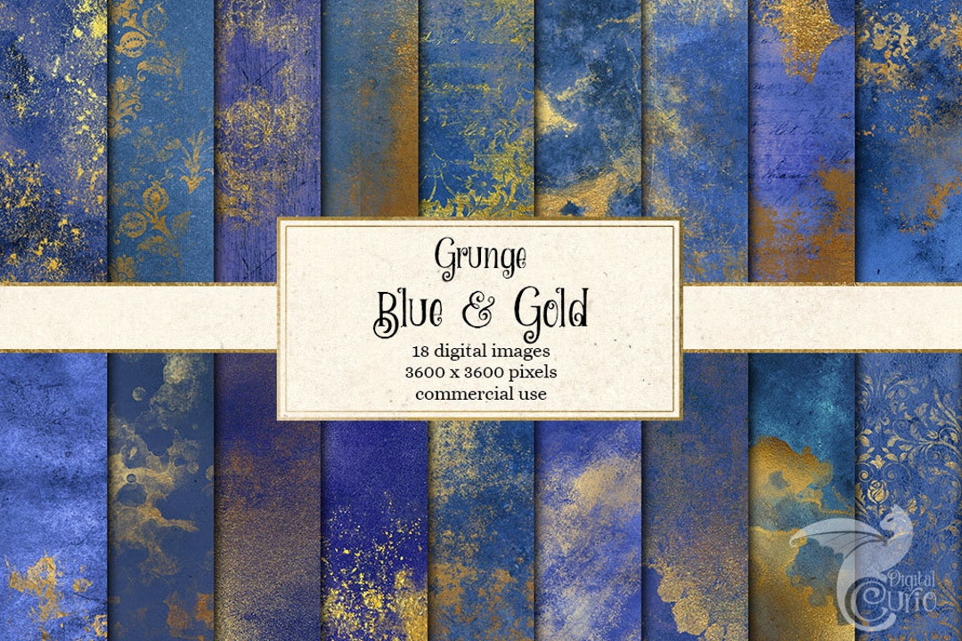 Grunge Blue and Gold Digital Paper, Distressed Textures (digital ...