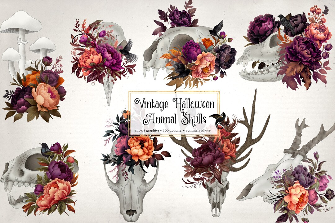 Vintage Halloween Animal Skulls Clipart - Floral Skulls in PNG Format ...