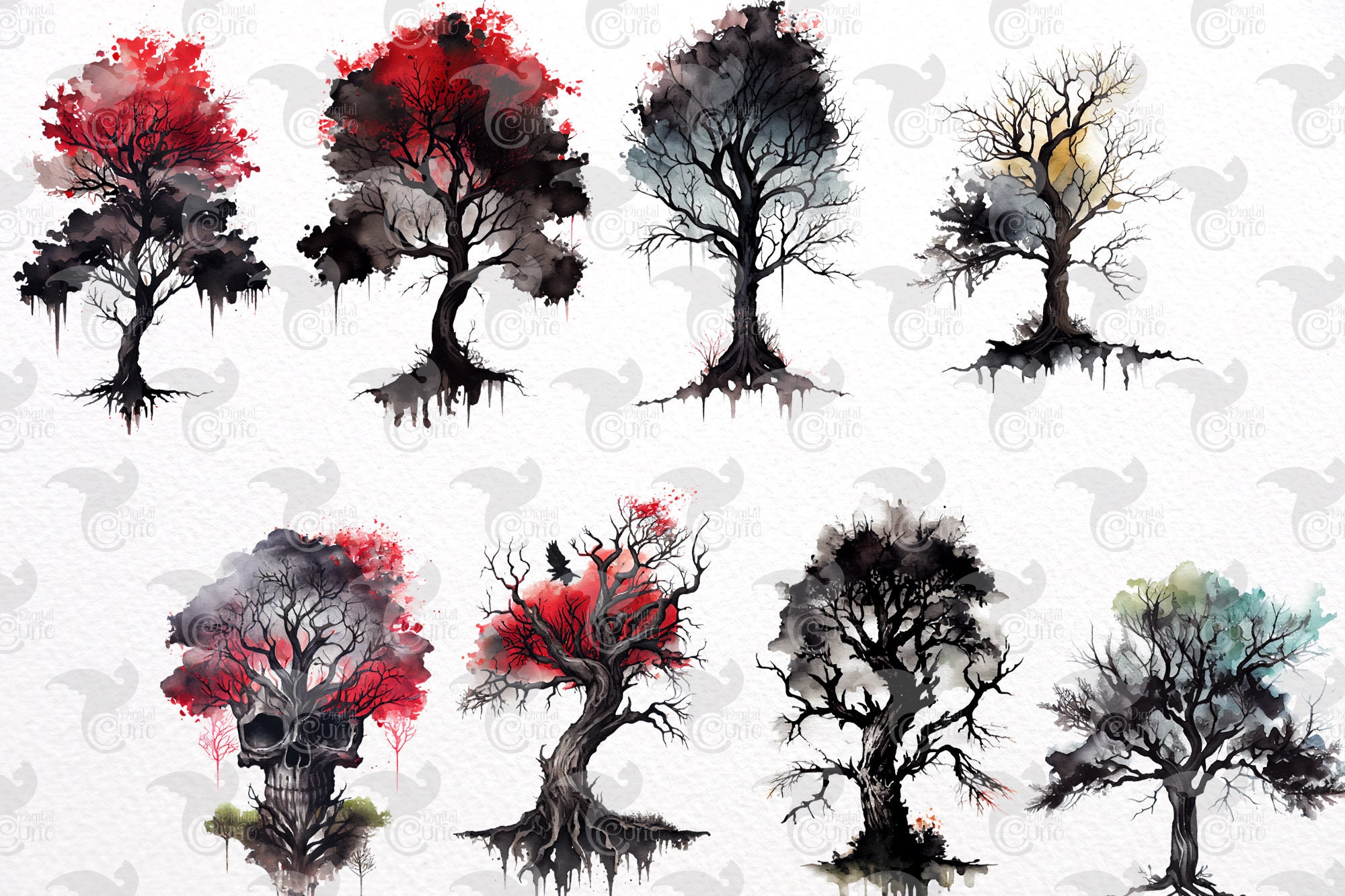 Watercolor Gothic Trees Clipart Dark Fantasy Watercolor - Etsy
