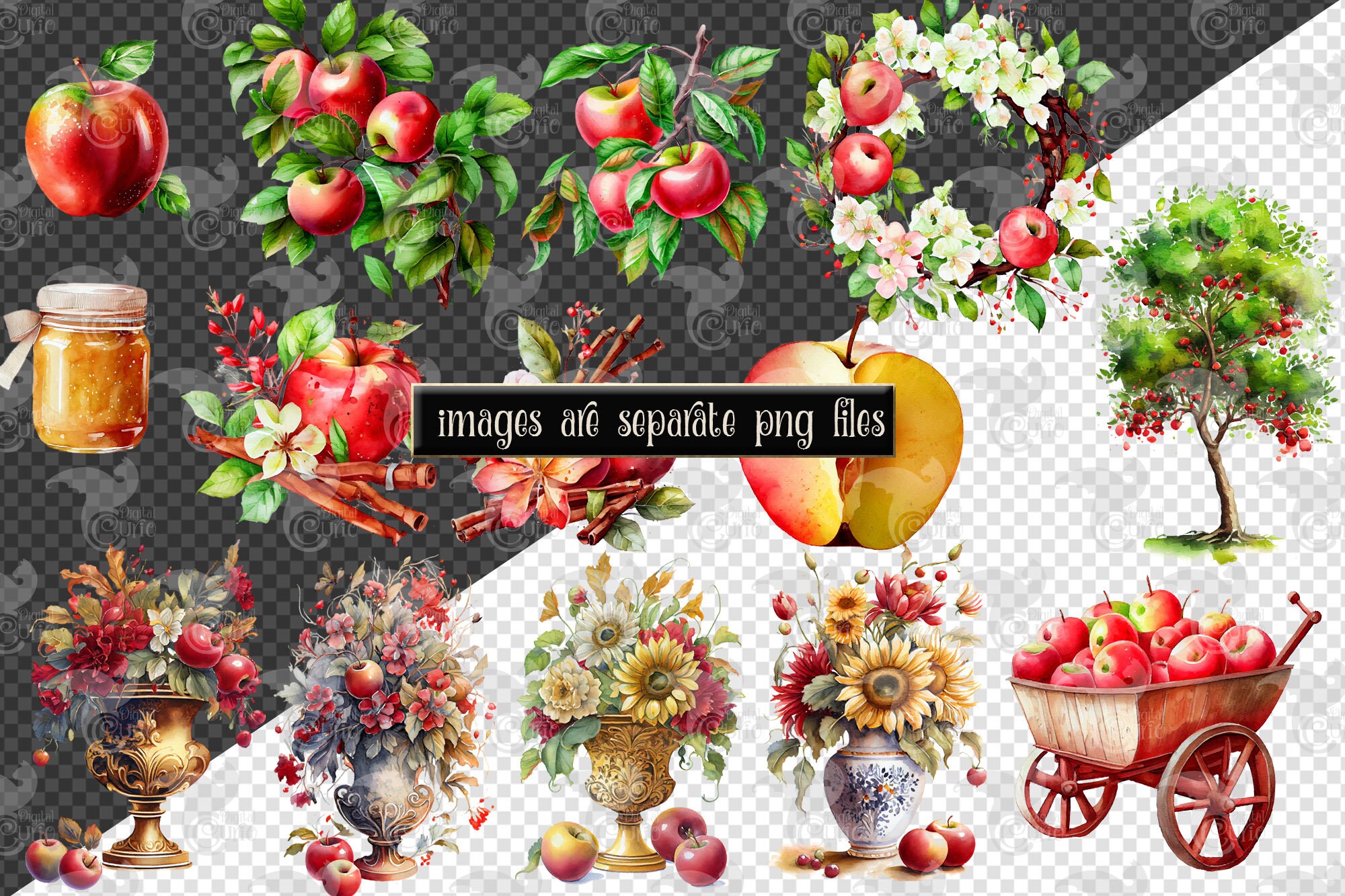Watercolor Apples Clipart - Digital Png Apple Harvest Graphics for ...