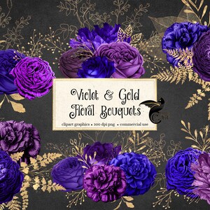 Violet and Gold Floral Bouquets Clipart, Digital Instant Download ...