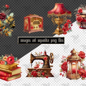 Watercolor Red Antique Clipart - Vintage Shabby PNG Format Instant ...