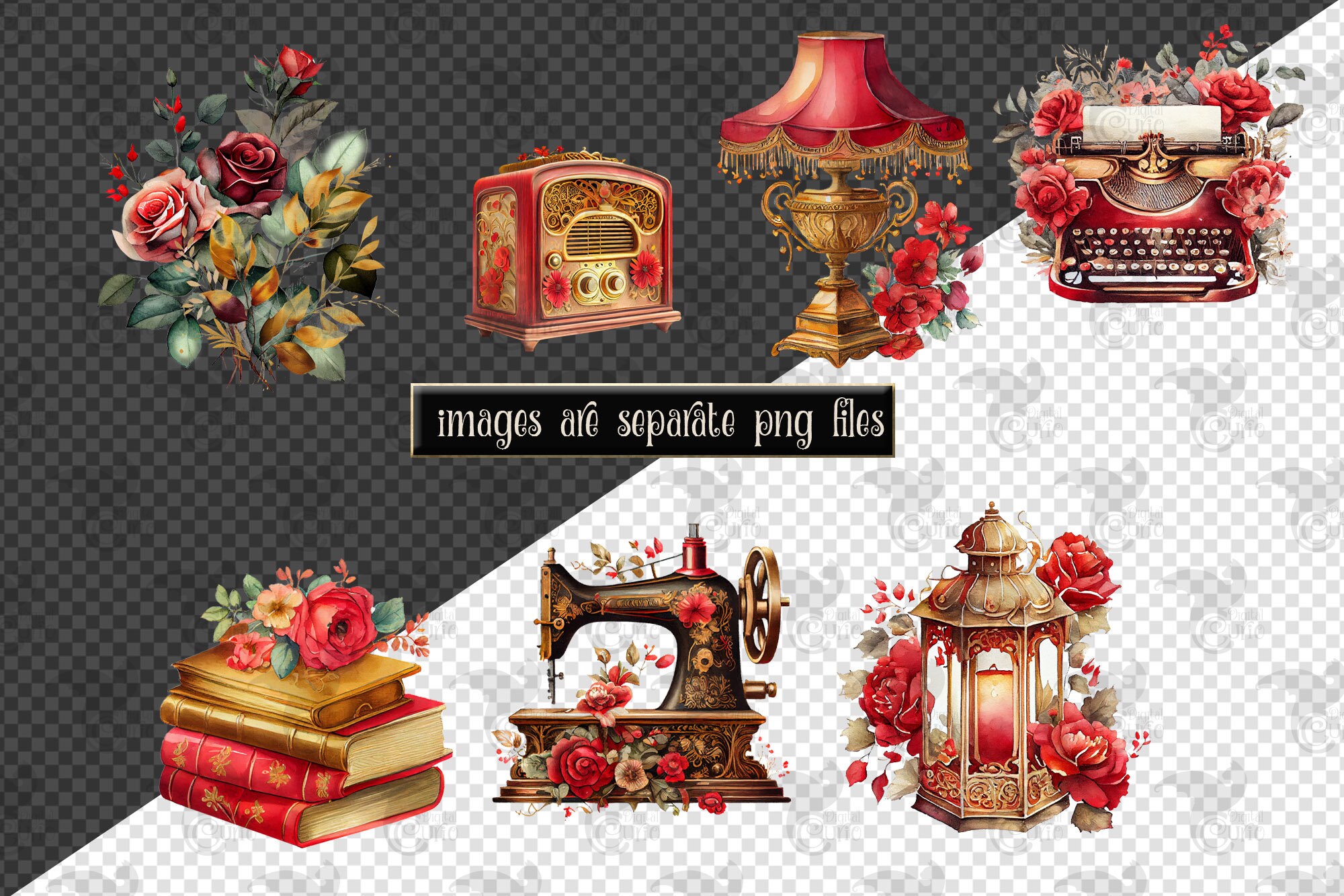 Watercolor Red Antique Clipart - Vintage Shabby PNG Format Instant ...