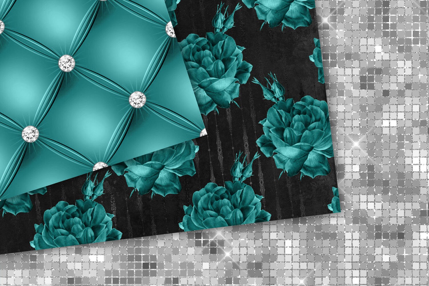 Teal and Silver Floral Digital Paper Seamless Turquoise Rose | Etsy