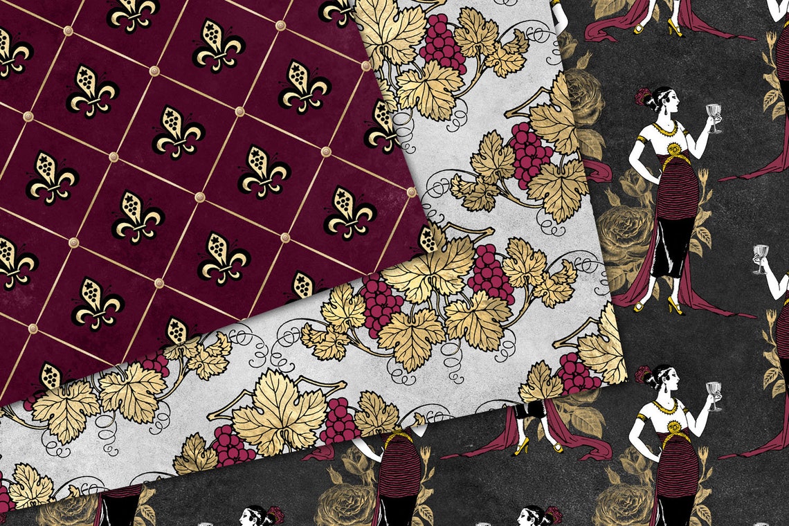 Vin Rouge Digital Paper, Wine Bottles, Seamless French Pattern (digital ...