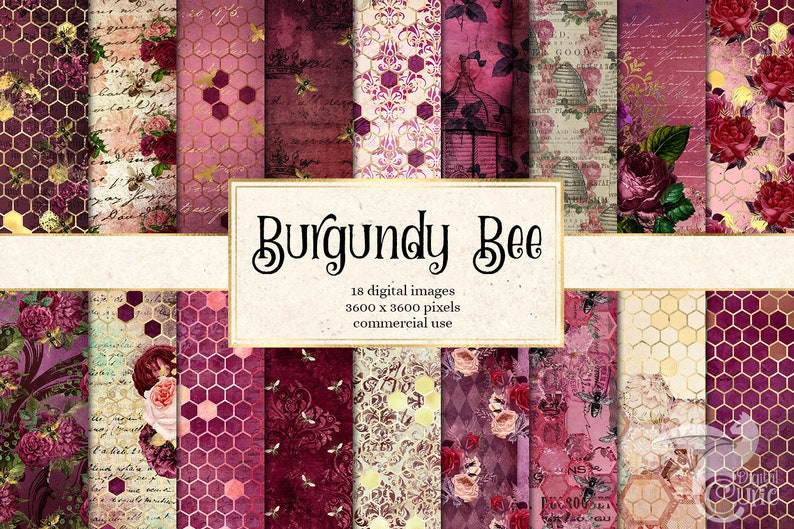 Burgundy Bee Digital Paper Vintage Honey Bee Ephemera | Etsy