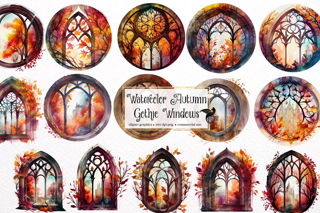 Watercolor Autumn Gothic Windows Clipart - Dark Fantasy Fall Watercolor ...