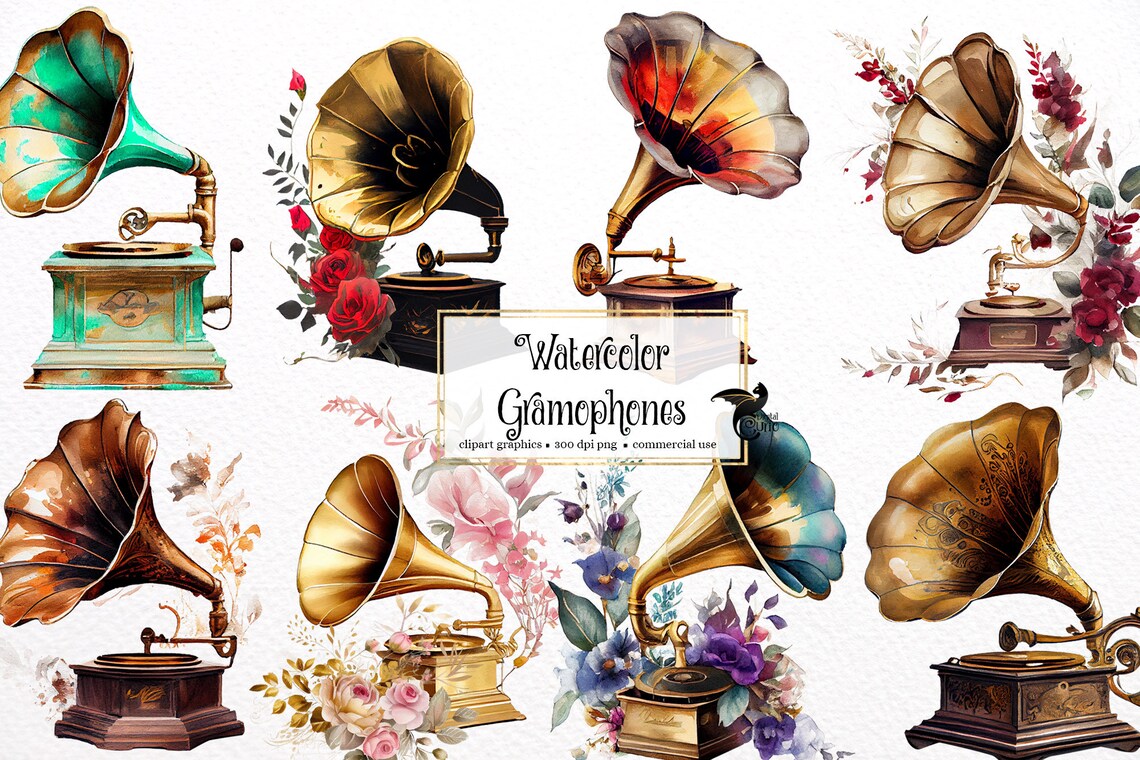 Watercolor Gramophone Clipart - Vintage Floral Shabby Music PNG Format ...