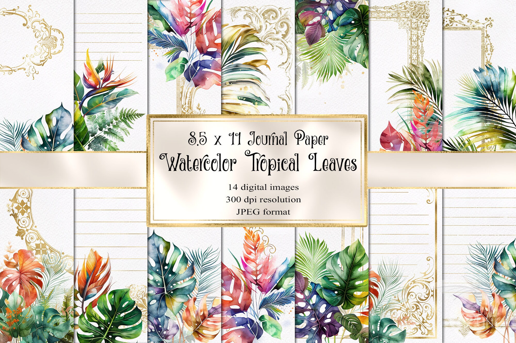 Watercolor Tropical Leaves Journal Paper Digital Paper - Etsy