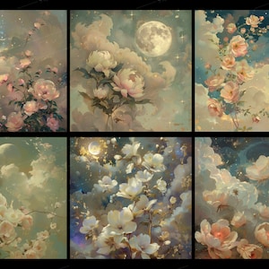 Fantasy Floral Night Digital Paper, Celestial Digital Paper Fantasy ...