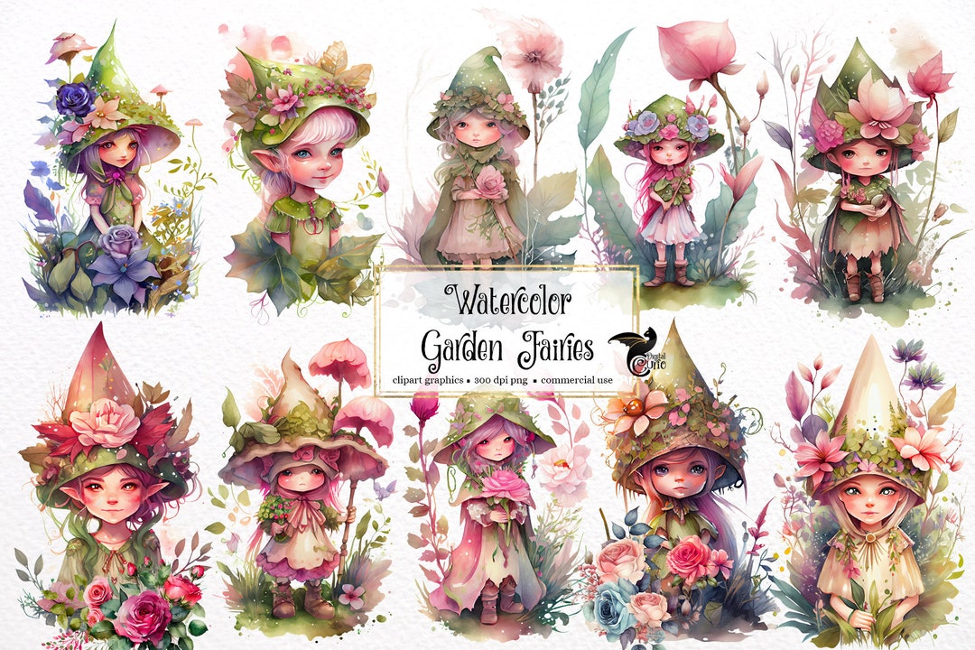 Watercolor Garden Fairy Clipart – Floral Fantasy PNG Graphics (digital ...