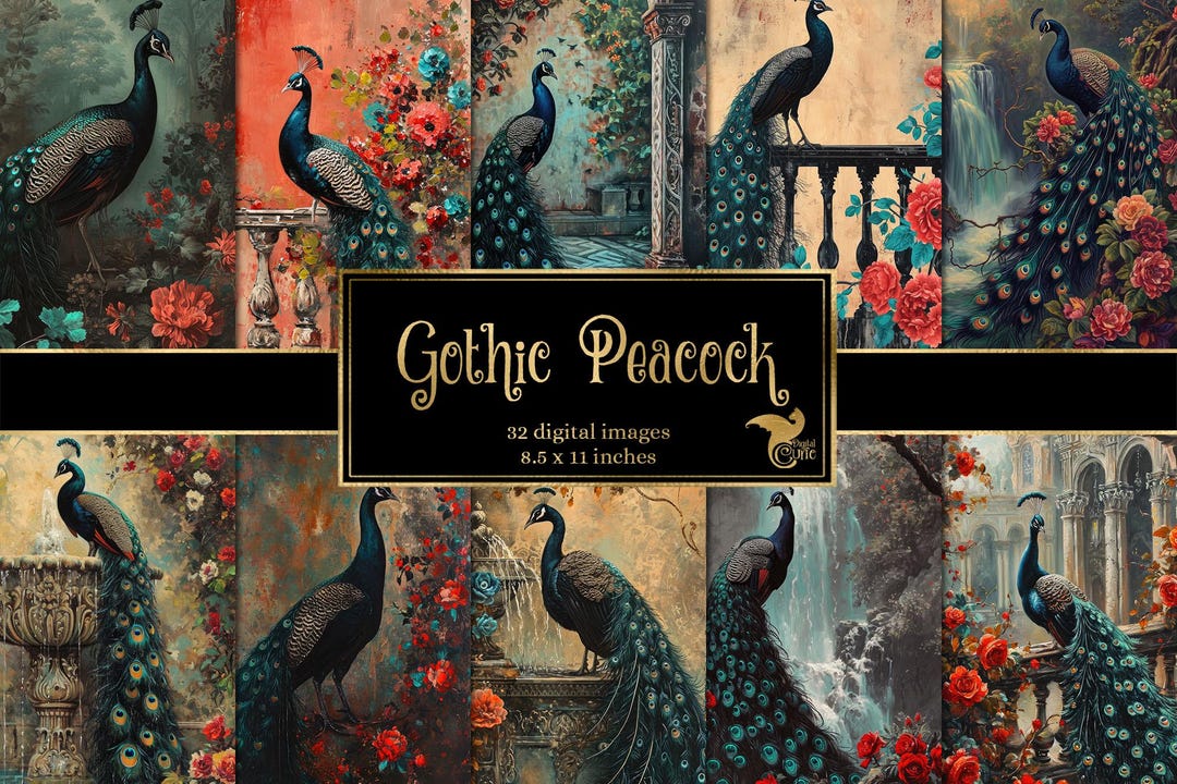 Gothic Peacock Digital Paper, Art Nouveau Floral Scrapbook (8.5x11 Inch ...