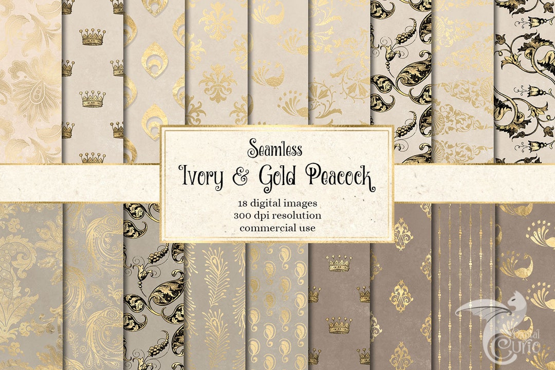 Ivory and Gold Peacock Digital Paper, Seamless Gold Peacock Patterns ...