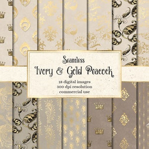 Ivory and Gold Peacock Digital Paper, Seamless Gold Peacock Patterns ...
