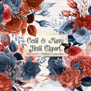 Coral and Navy Floral Clipart, Navy Blue Wedding Roses and Vintage ...