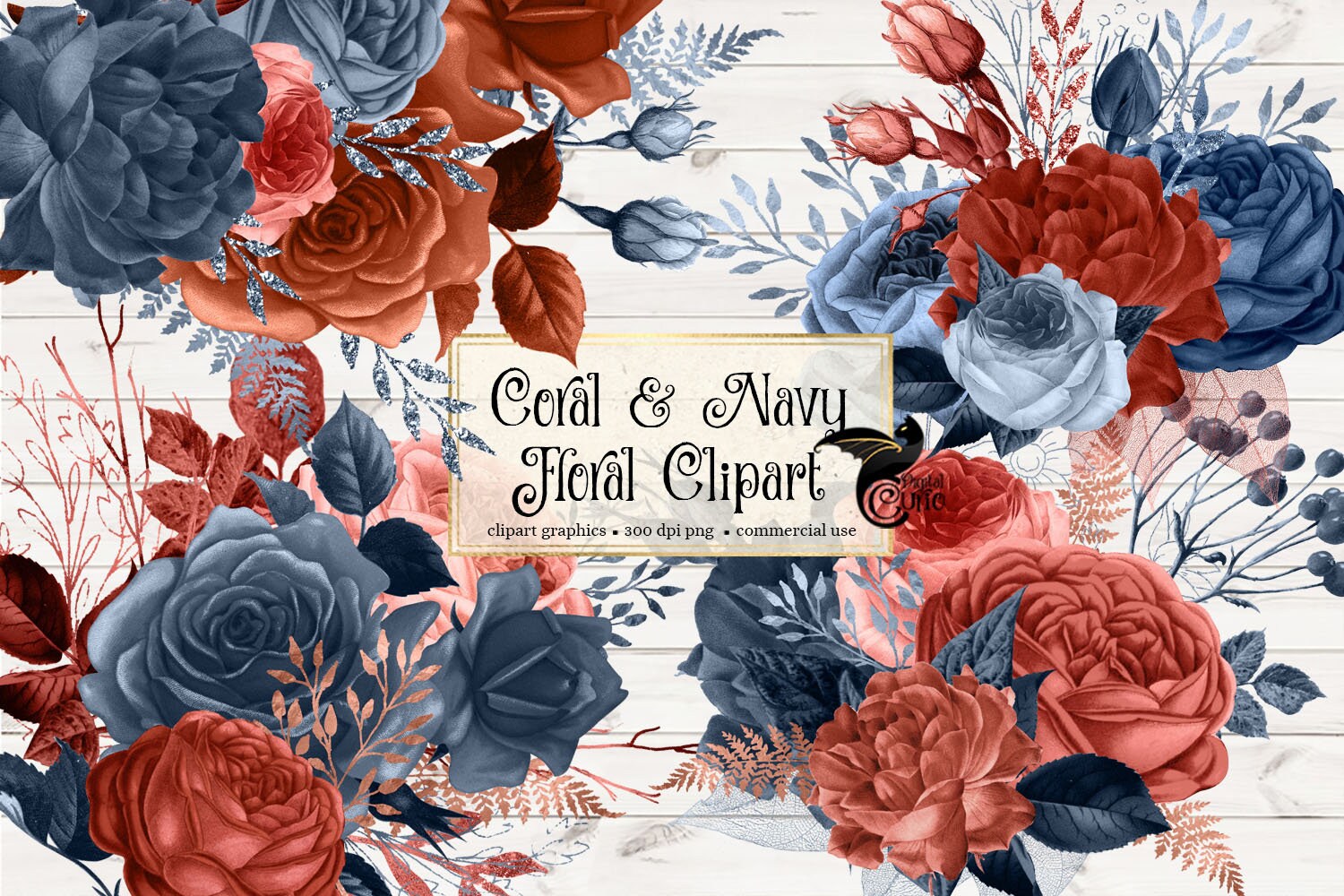 Coral and Navy Floral Clipart Navy Blue Wedding Roses and - Etsy