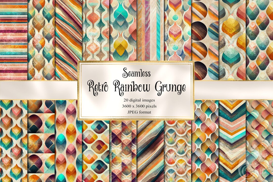 Retro Rainbow Grunge Digital Paper, Seamless Printable Scrapbook Paper ...