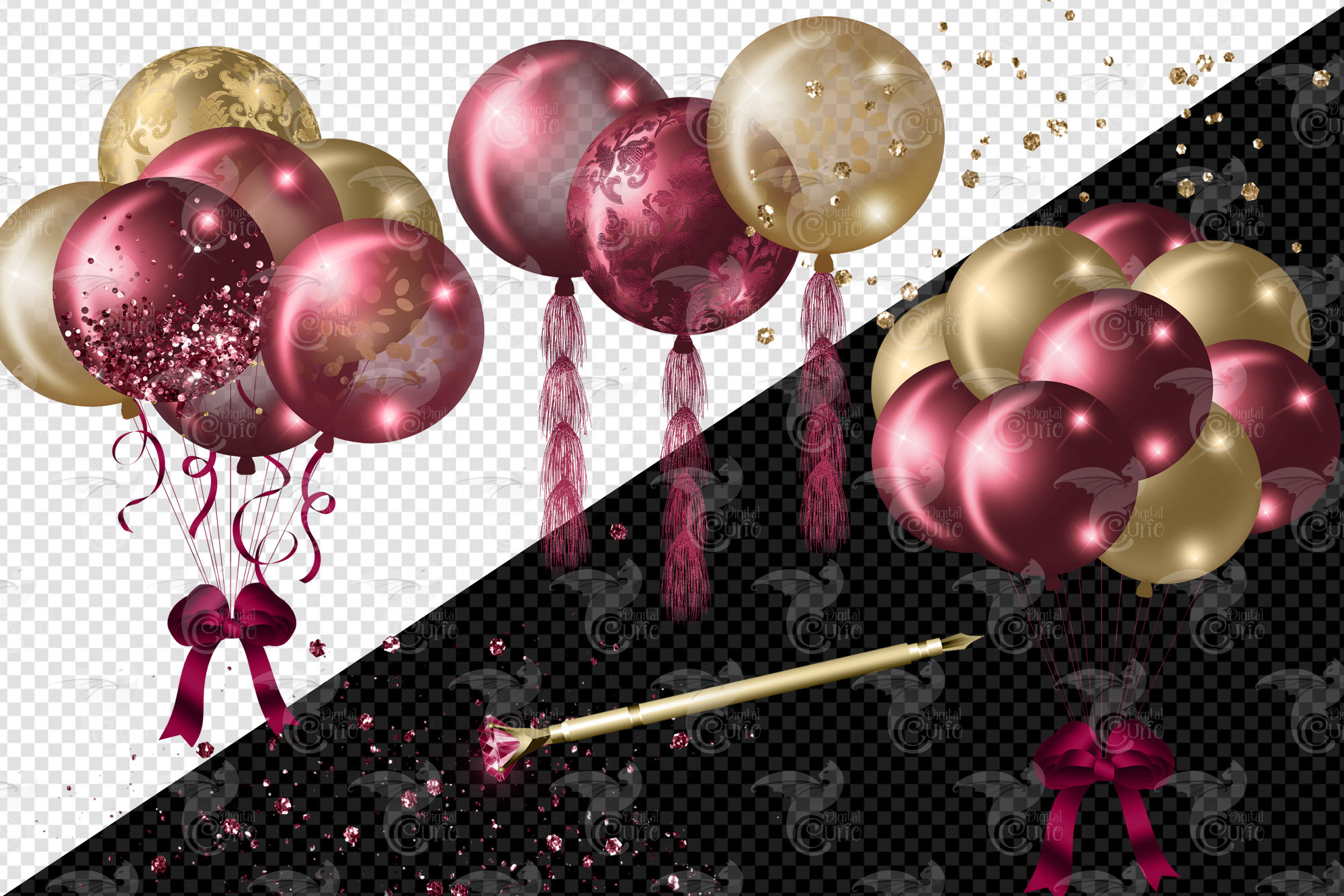 Burgundy & Gold Balloons Clipart – Glam Party Graphics (digital ...