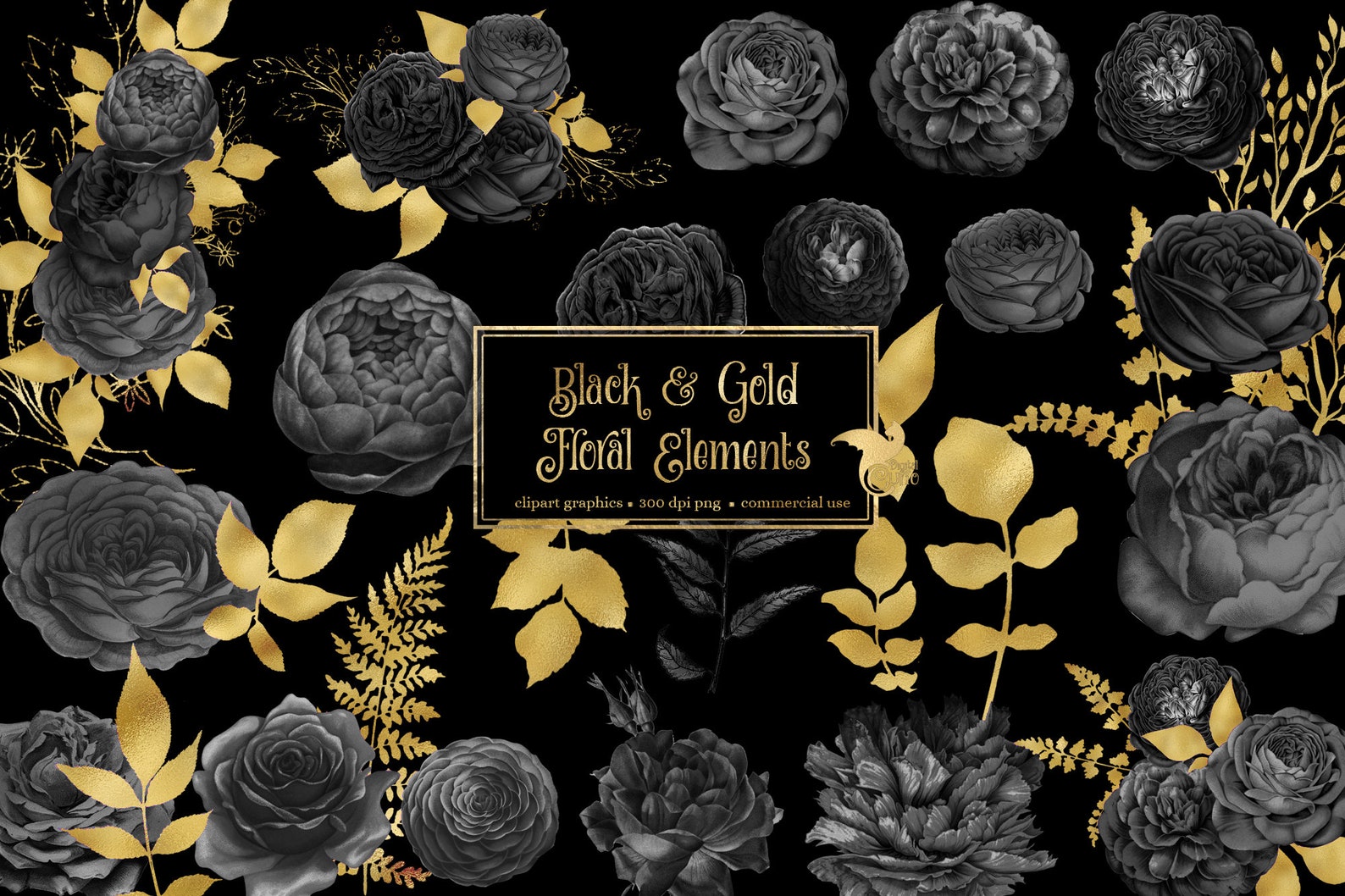 Black and Gold Floral Elements Clip Art Digital Clipart - Etsy