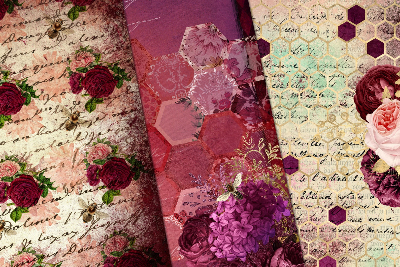 Burgundy Bee Digital Paper Vintage Honey Bee Ephemera | Etsy