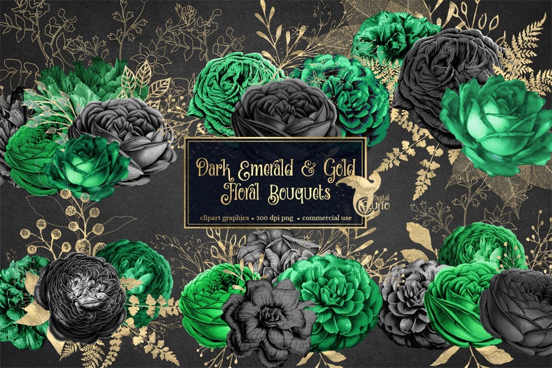 Dark Emerald and Gold Floral Bouquets Clipart, Digital Instant Download ...